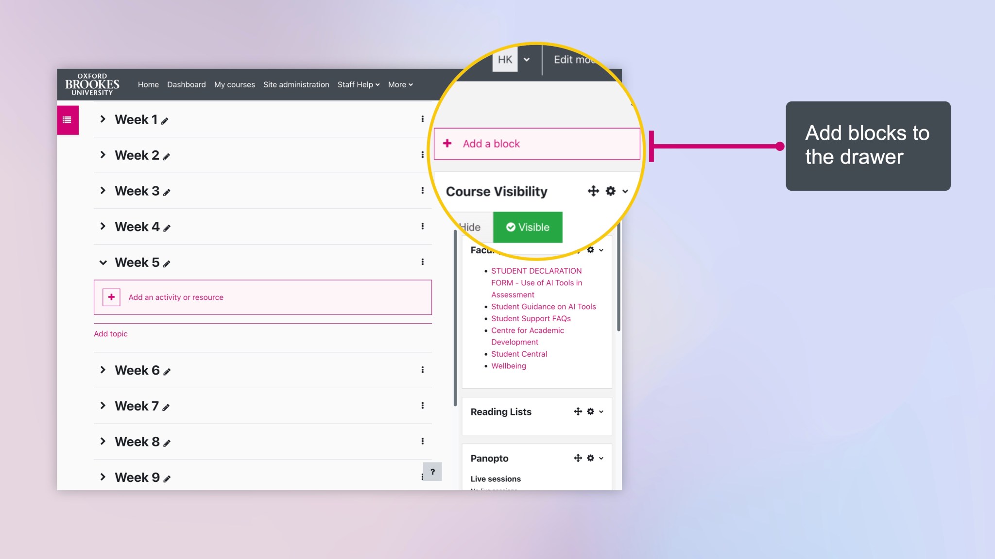 How do I add a block in Moodle? – Digital Education Support at Brookes